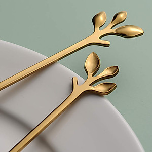 AnSaw 6.5" Elegant Leaf-Design Gold Coffee & Tea Spoons Set of 6- Long Handle Stainless Steel Stirring Spoons for Espresso, Iced Tea - Ideal Coffee Bar Accessories