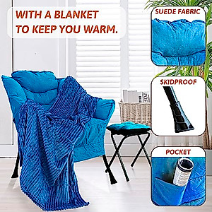 HIGOGOGO Modern Fabric Living Room Chair with Folding Footrest Stool, Sofa Chair with Portable Ottoman, Recliner Chair Steel Frame Leisure Bedroom Chair and Anti-Slip Footstool,Blue