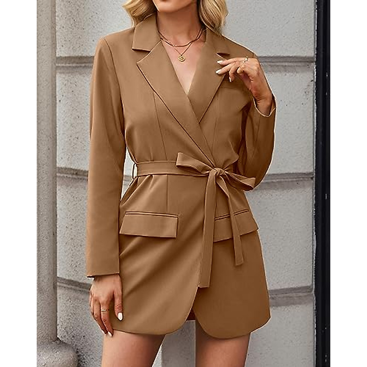 luvamia 2023 Blazers for Women Business Casual Outfits Fashion Dressy Long Suit Jacket Office Belted Blazer Dress Work Womens Blazers for Work Professional Womans Dresses Amber Brown Size 12 Size 14