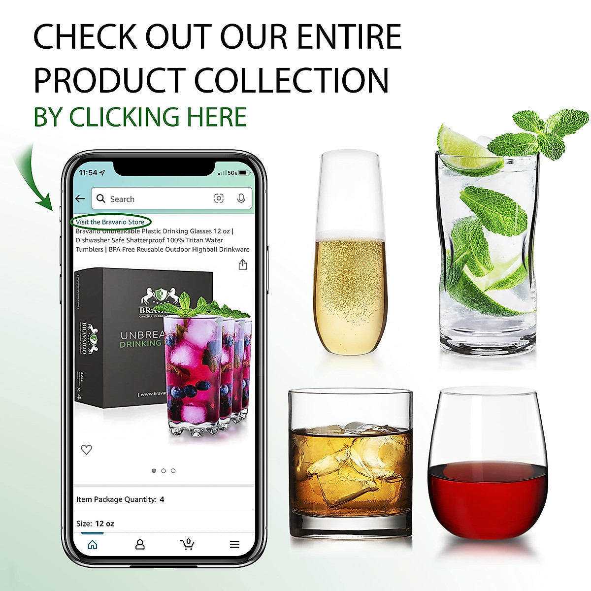 Bravario Unbreakable Plastic Drinking Glasses 11 oz | Dishwasher Safe Shatterproof 100% Tritan Water Tumblers | BPA Free Reusable Outdoor Highball Drinkware | Set of 4