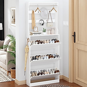 Shoe Cabinet for Entryway with 3 Flip Drawers, White Tall Wood Shoe Storage Cabinet with Coat Rack, Narrow Hidden Slim Freestanding Shoe Rack Organizer, 2 in 1 Hall Tree for Living Room, Hallway