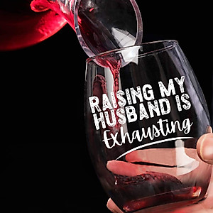 SNG WORLD Raising My Husband Is Exhausting Wine Tumbler Drinking Glass Stemless Wine Glass 21 Oz with Funny Sayings For Women