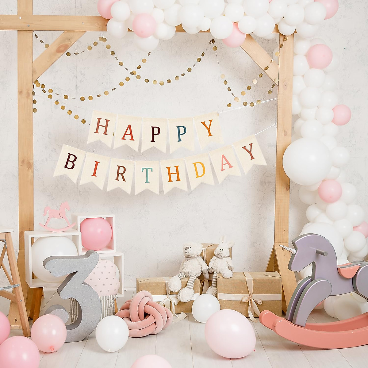 Doumeny Happy Birthday Burlap Banner Boho Birthday Garland Banner Bohemian Birthday Party Banner Rustic White Birthday Bunting Garland Rainbow Birthday Banner for Women Men Birthday Kid Photo Backdrop