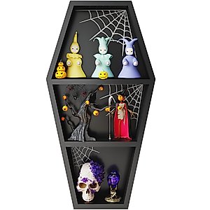 Halloween Goth Coffin Shelf 24 inches with Spider Web, Wooden Coffin Bookshelf Gothic Decor for Home, Crystal Shelf for Display, Black Spooky Curio Shelf for Home Decor, Witchy Room Decor for Oddities