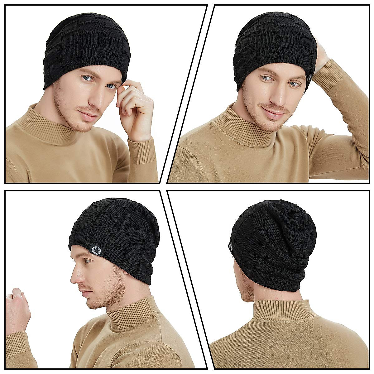 Bodvera Unisex Winter Knit Wool Warm Hat Soft Slouchy Beanie Skully Cap in 3 color, One Size, Black