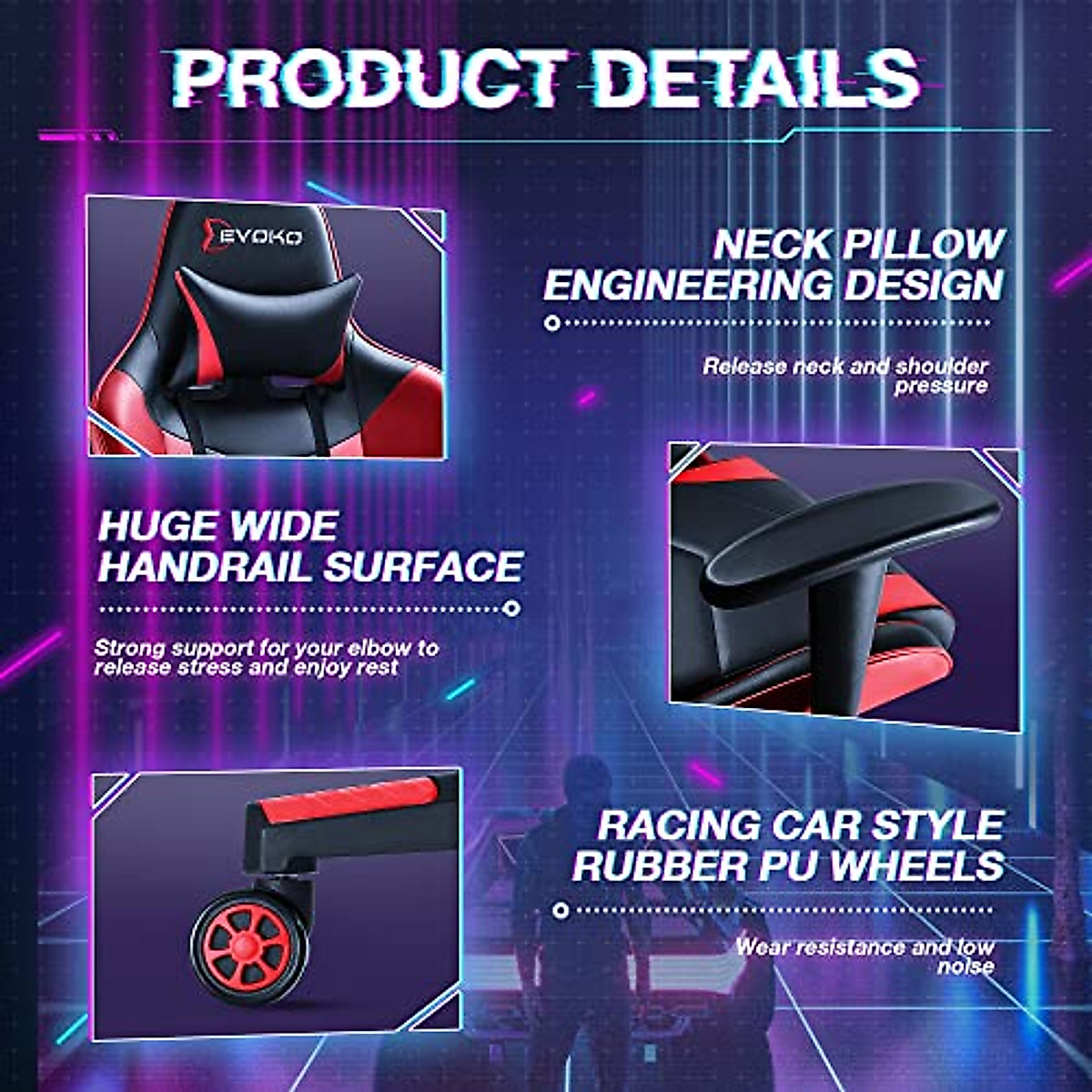 Devoko Ergonomic Gaming Chair Racing Style Adjustable Height High Back PC Computer Chair with Headrest and Lumbar Support Executive Office Chair (Red)