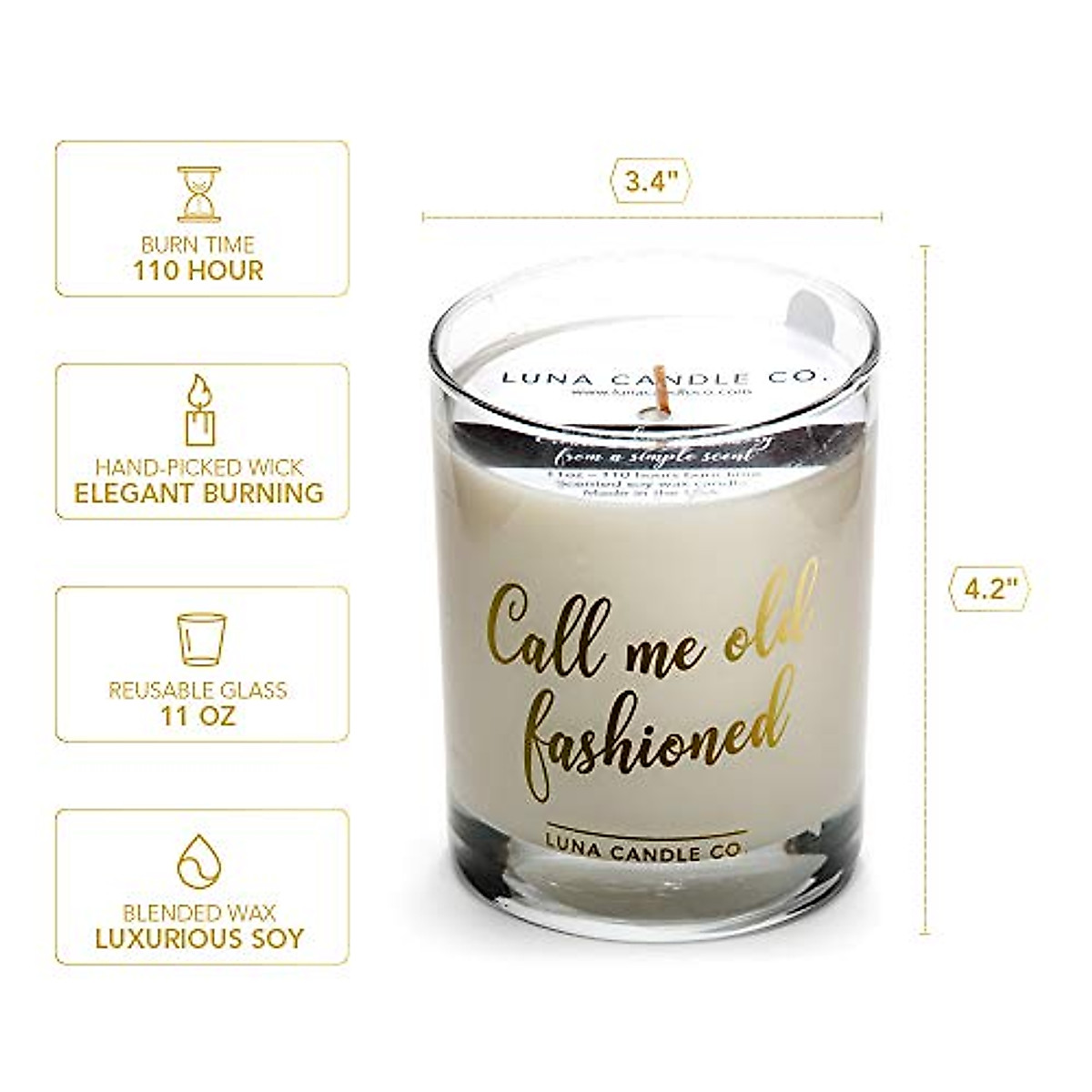 LUNA CANDLE CO. Elegant Fine Bourbon Soy Jar Candle, 11oz. Clear Glass, Low Smoke, Long Burn Up to 110 Hours of Burn Time, Hints of Wood and Vanilla, Made in The USA-Call Me Old Fashioned