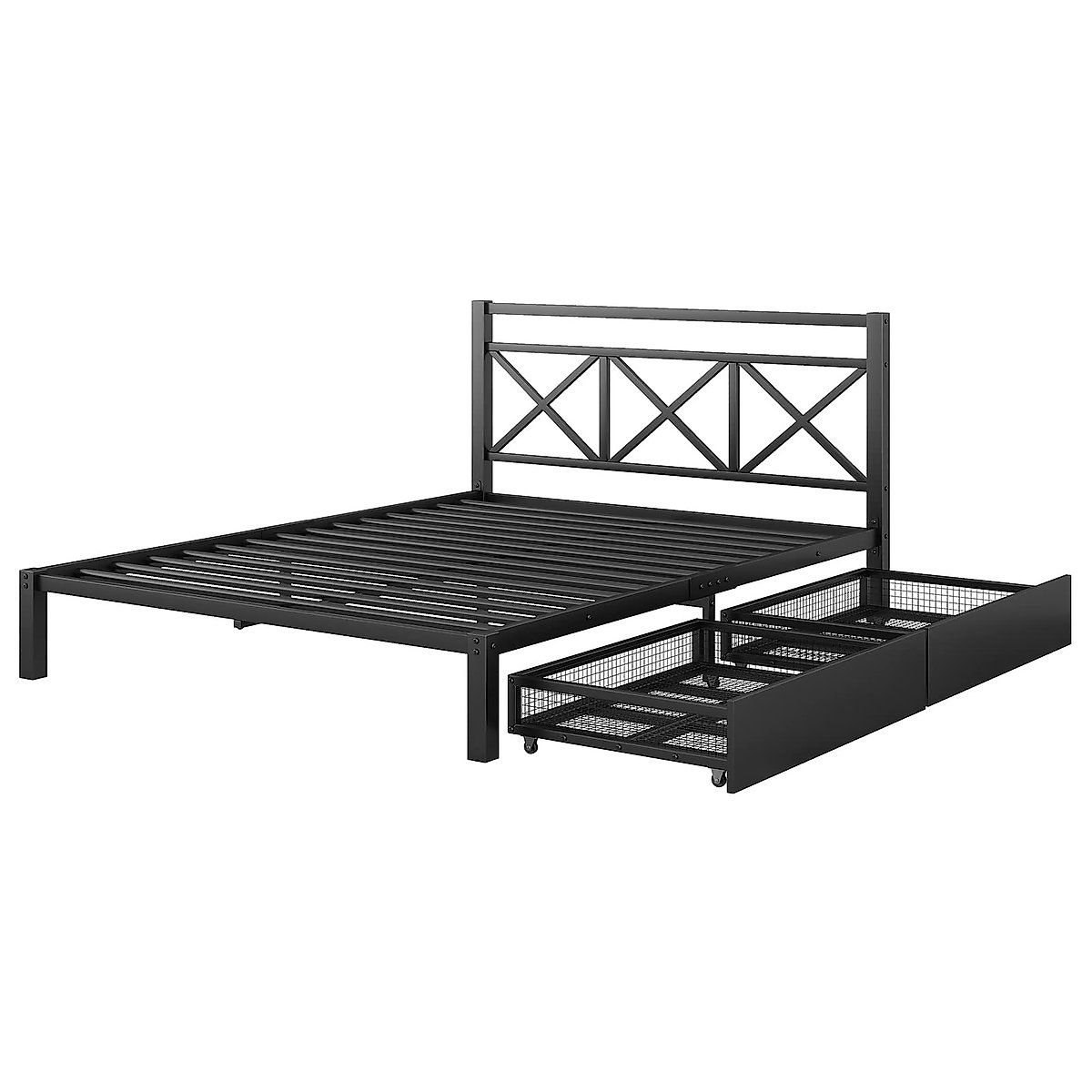 Queen Size Platform Bed Frame, Metal Bed Frame with 2 Storage Drawers Queen Bed Frame with Headboard More Sturdy, Noise-Free, No Box Spring Needed, Easy Assembly, Black