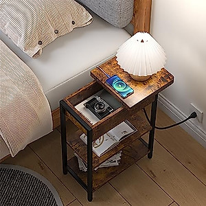 Yusong Narrow End Table with Charging Station, Slim Couch Side Table with USB Ports & Outlets, Flip-top Nightstand Bedside Table with 3 Shelves for Small Space in Living Room Bedroom,Brown