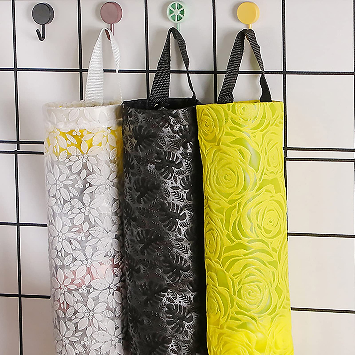 DCQRY 3Pack Plastic Bag Holder, Wall Mount Grocery Bag Holder with 10Hooks, Mesh Hanging Storage Organizer, Shopping Bag Storage Dispenser Trash Bag Holder for Home Kitchen