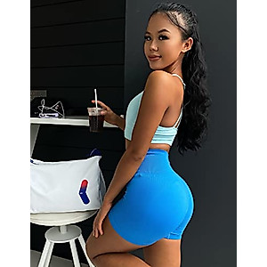 FRESOUGHT Matching Workout Sets for Women, Gym Cropped Tank Tops High Waisted 2 Piece Shorts Set Blue M