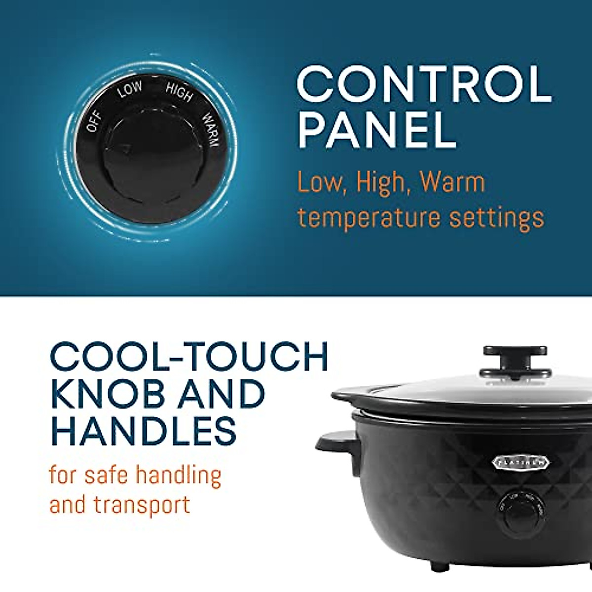 Elite Gourmet MST1234BX Diamond Pattern Slow Cooker Removable, Dishwasher-Safe Stoneware Pot with Tempered Glass Lid, Cool-Touch Handles, 6 Quart, Charcoal Black