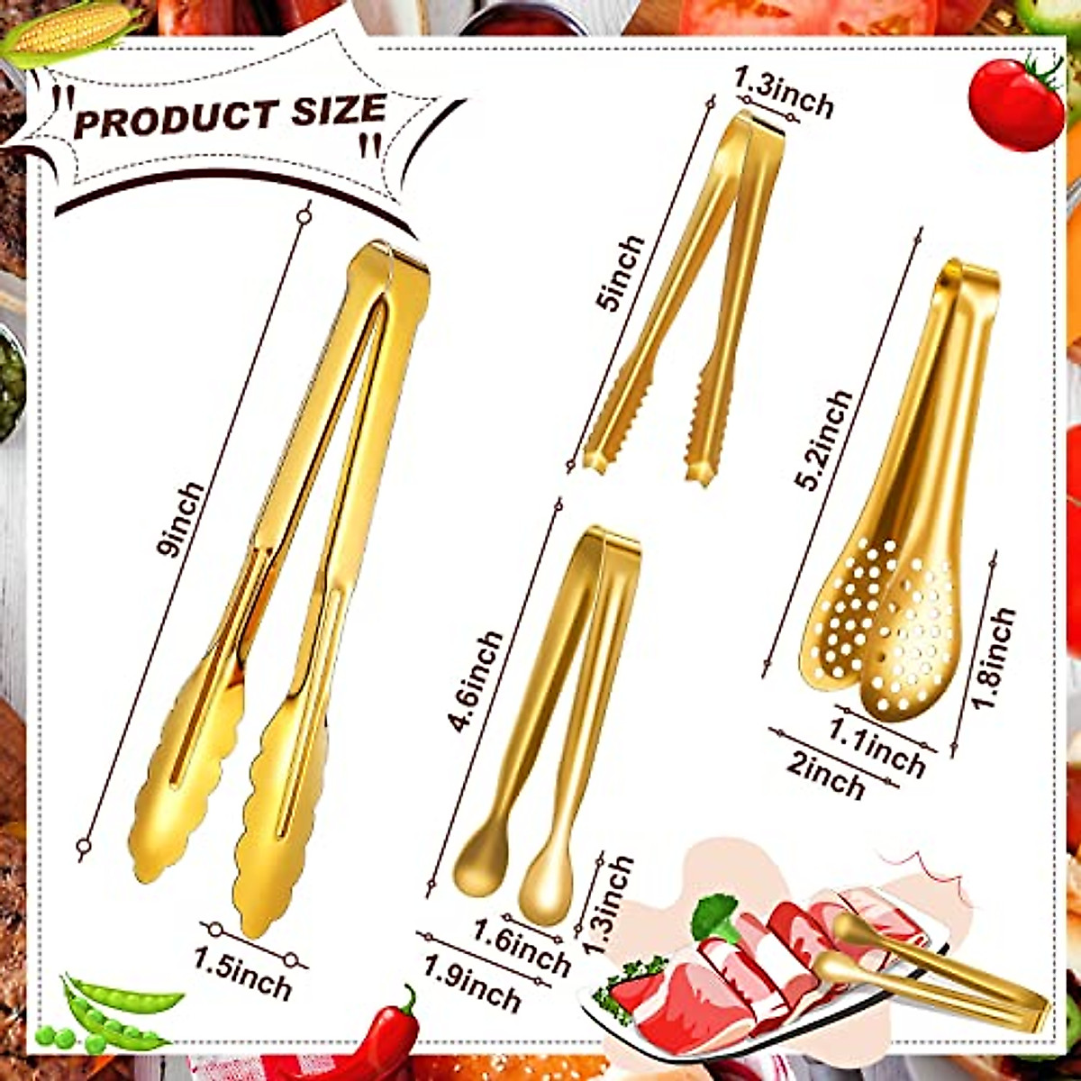 12 Pieces Tongs for Serving Utensils Mini Serving Tong Stainless Steel Appetizer Tongs Ice Sugar Tong Food Tong Cooking Tong for Salad Kitchen Buffet Party, 5 Inch, 9 Inch (Gold)