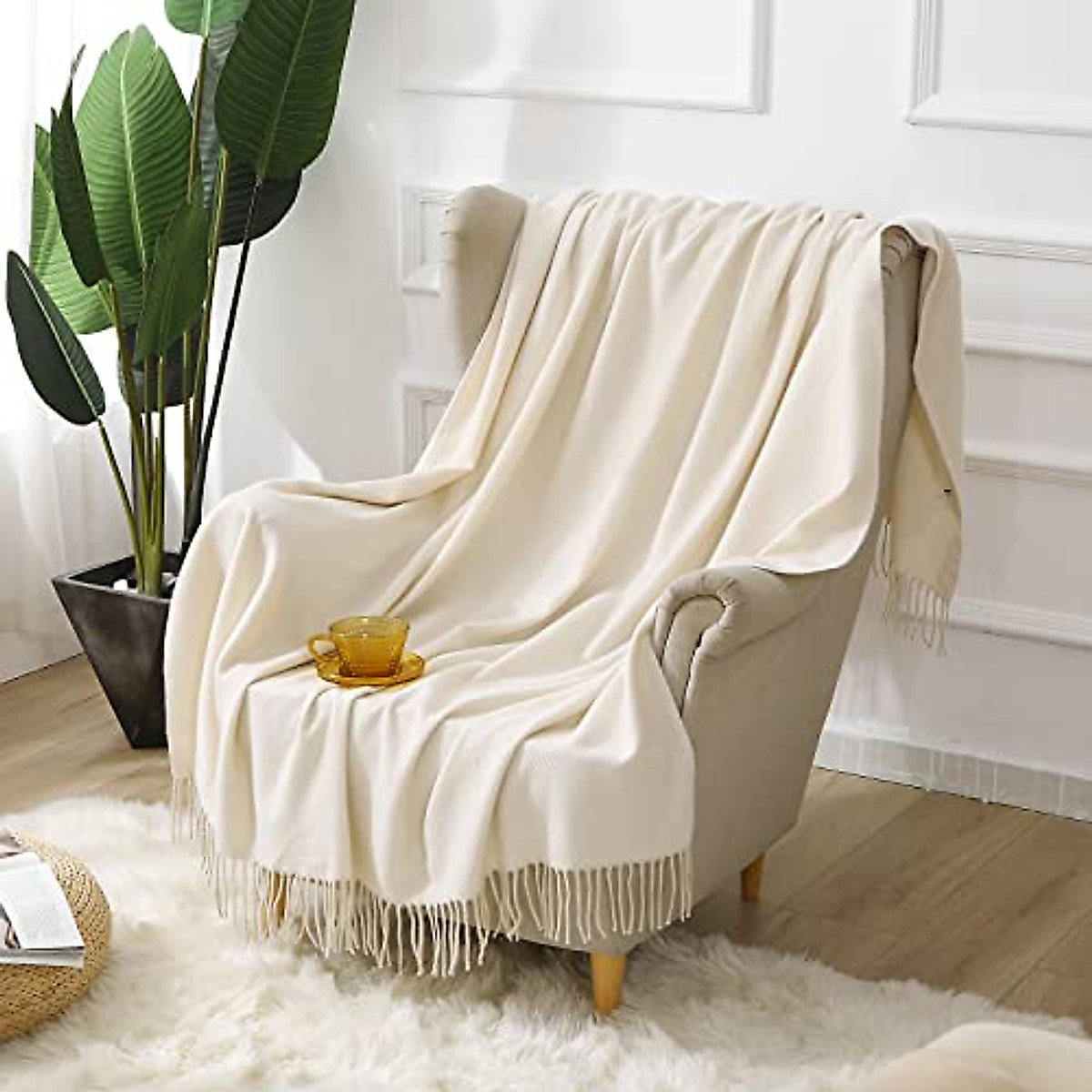 ZonLi Cream Throw Blanket Lightweight Herringbone Throw Blankets for Couch Ivory Beige Boho Throw Blanket Decorative Knitted Blankets with Tassels Fringe for Bed Outdoor 55'' x 75''