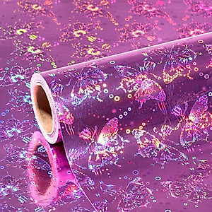 LeZakaa Pink Holographic Wrapping Paper - Mini Roll - Butterfly Print for Birthday, Holiday - 17 inches x 32.8 Feet (46.5 sq.ft.)