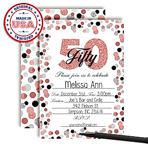 Amanda Creation Confetti Rose Gold Polka Dot 50th Birthday Party Invitations, 20 5x7 Fill-In Cards with Twenty White Envelopes