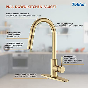 Tohlar Gold Kitchen Faucets with Pull-Down Sprayer, Modern Stainless Steel Single Handle Pull Down Kitchen Sink Faucet with Deck Plate, Brushed Gold