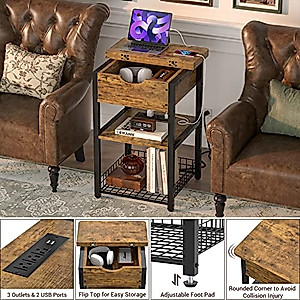Cyclysio Nightstand Set of 2 with Charging Station, End Table Side Table with USB Ports and Outlets, Flip Top Night Stands with Shelves, Slim Bedside Sofa Table for Living Room, Bedroom, Rustic Brown