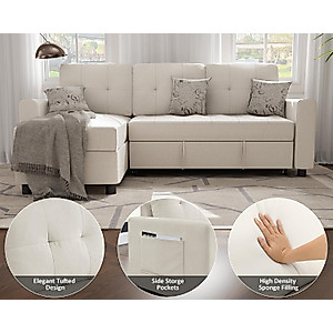 Ucloveria Sectional Sofa Couch, Sleeper Sofa Bed with Reversible Storage Chaise Pull Out Couch Bed for Living Room L-Shape Lounge 2 in 1 Futon Sofa with Side Storage Bag, Beige