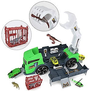 Siairo Dinosaur Toys, Dinosaur Truck Carrier, Dinosaur Transport Truck Car Toy for Kids 3 4 5 Year Old, with 3 Cars, 3 Dinosaurs, Manipulator, Helicopter, Cage, Gift for Boys Kids Toddlers