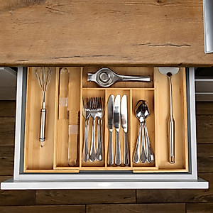 TreeLen Bamboo Expandable Drawer Organizer, Adjustable Cutlery Organizer in Drawer, Kitchen Utensil Organizer Silverware Tray for Drawer, Cutlery Tray Utensil Tray, Silverware Holder for Drawer