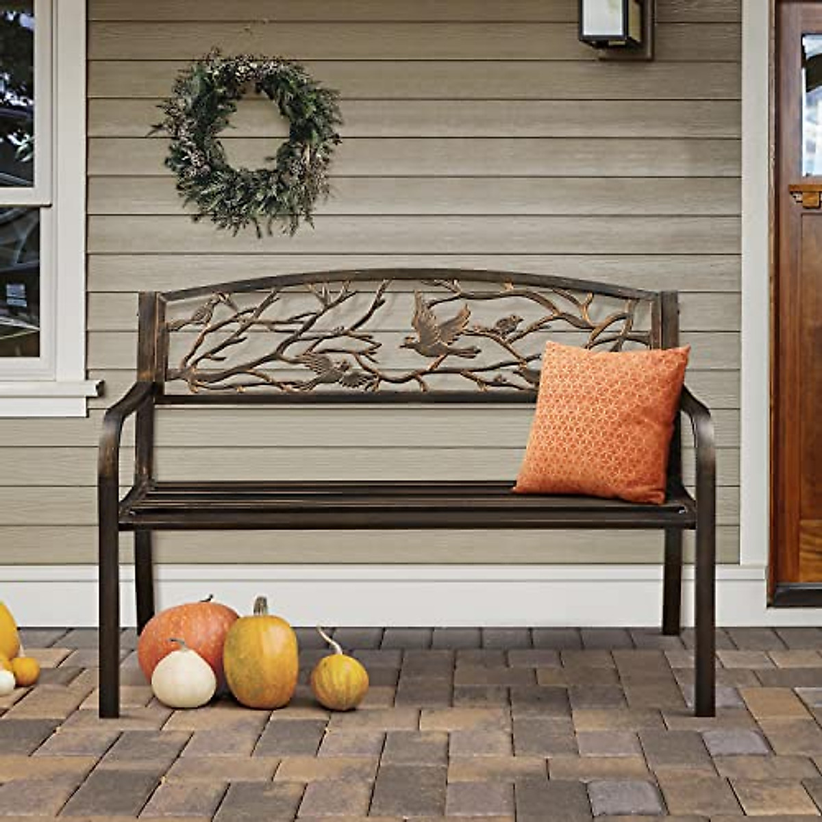 Yaheetech Patio Garden Bench Outdoor Cast Iron Metal Bench, w/Bird Design Backrest, Slatted Seat, Park Bench Outdoor Furniture for Porch, Deck, Park, Yard, Entryway, Path