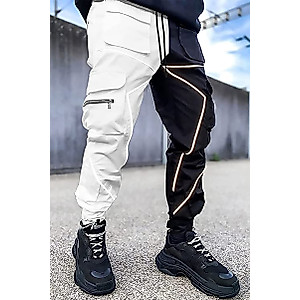 BOOMLEMON Men's Cargo Jogger Pants Reflective Technical Hip Hop Harem Pants Punk Streetwear Tactical Track Pants(Black White L)