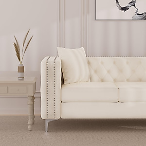 Morden Fort Loveseat Sofa, 61“Beige Mid-Century Couch with Button Tufted and Nailhead Trim and Iron Legs for Living Room, Apartroom, Bedroom, Office