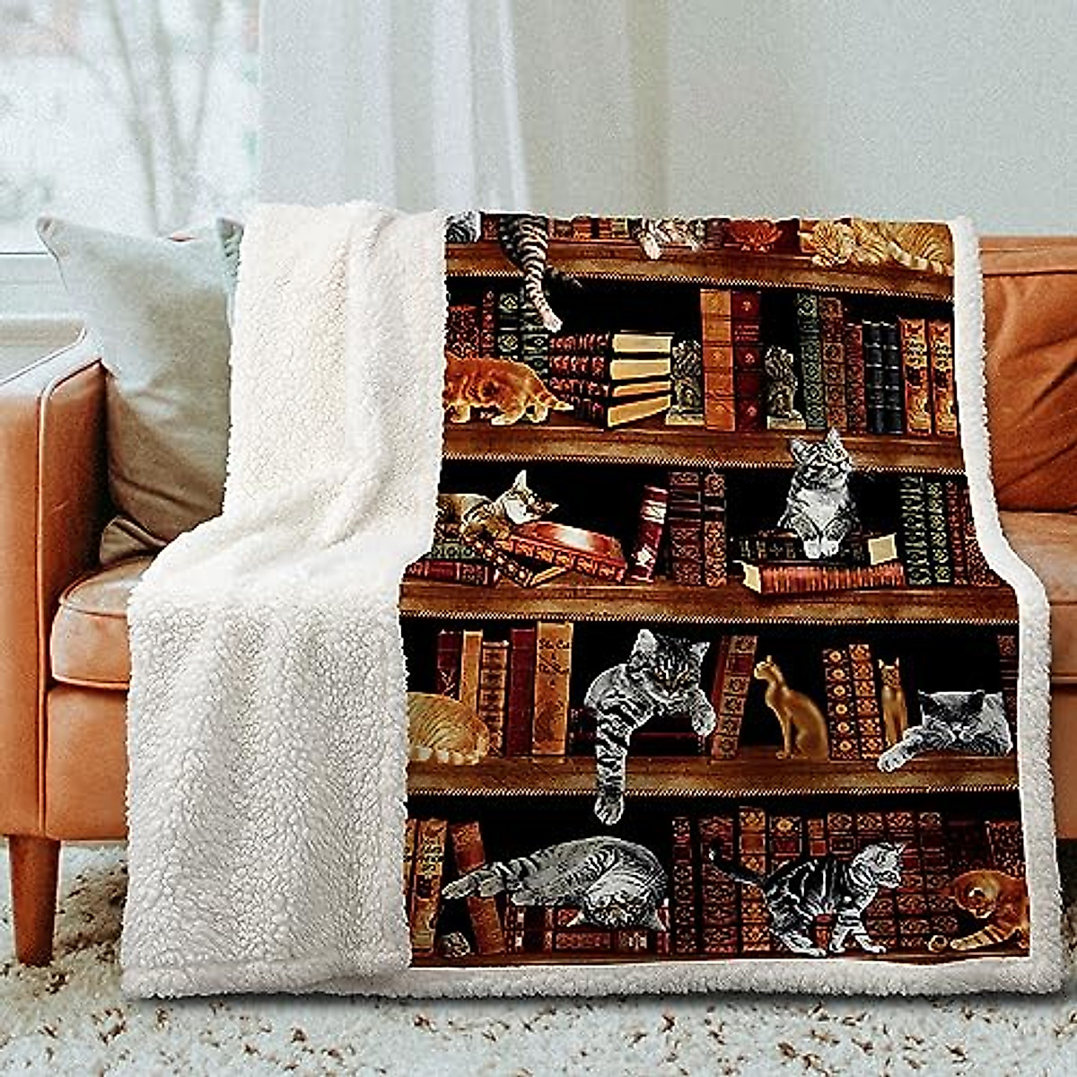 Dropshipful Bookshelf Cat Throw Blanket 50"x60" Plush Fluffy Sherpa Fleece Blanket Soft Throws for Sofa, Couch and Bed