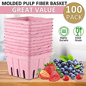 150 Pack Molded Pulp Fiber Berry Baskets, 4.3 x 4.3 x 3 Inch 1 Pint Produce Vented Containers Strawberry Fruit Baskets for Vegetable Food Farmer Market Grocery Stores, Pink