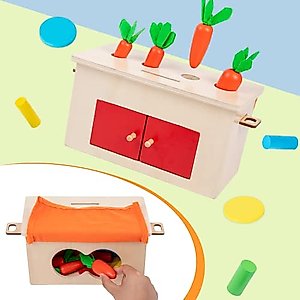 Montessori Toys for 1+ Year Old,Play Kit Box for Shape Size Sorting Game-Includes Carrot Harvest Game,Cylinder Drop Game-Fine Motor Skills & Montessori Coin Box,and Blind Touch Box with Door(4-in-1)