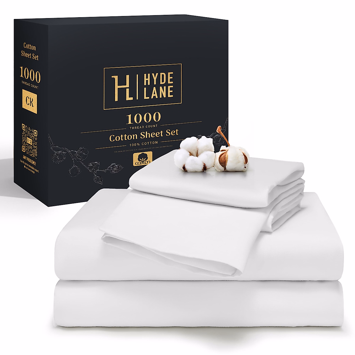 Hyde Lane King Sheets - 1000 Thread Count Luxury Cotton, Deep Pocket Fitted Sheet Set, Soft & Breathable Sateen Weave, Durable & Elegant Bedding (Natural White)