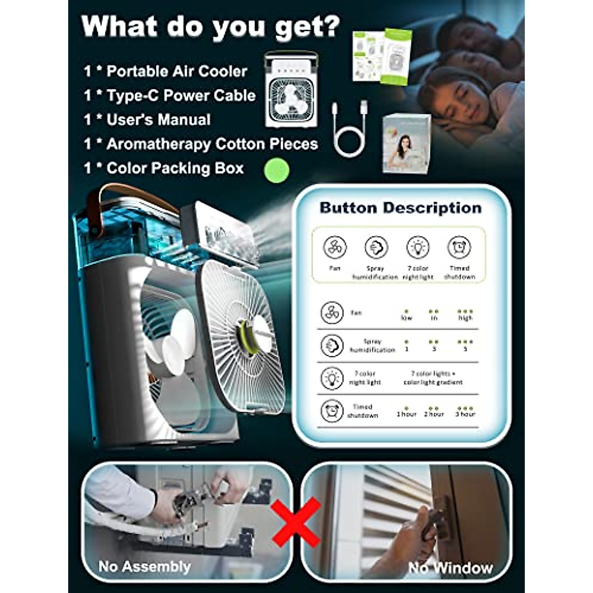 4-IN-1 Portable Air Conditioners Fan, Personal Mini Air Conditioner with 3-Speeds/5 Humidifier Misting Hole/7 Colors Light, USB Handle Evaporative Cooler with Auto Timer for Room Office Travel (ST-02)