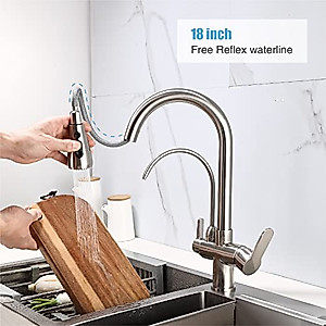 HUAHUALALA Kitchen Sink Faucet with Pull Down Sprayer 2 Handle 3 in 1 Water Filter Purifier Faucets, Brass Drinking Water Faucet Reverse Osmosis Faucet Brushed Nickel