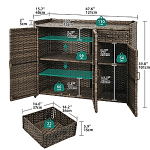 YITAHOME Outdoor Storage Cabinet, Weather-proof Rattan Bar Table with Two Doors, Adjustable Shelves & Foldable Drawer, Wicker Patio Storage Box for Outdoor Cushions, Pool Toys and Garden Tools - Brown
