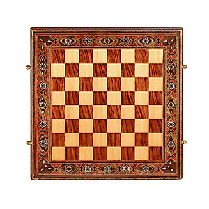 Metal Chess Set for Adult Historical Antique Copper Rome Figures Handmade Pieces and Natural Solid Wooden Chess Board with Original Pearl Around Board and Storage Inside King 4 inc