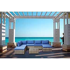 INSTORY 8 Pieces Outdoor Patio Sofa Sets All Weather Weaving Sectional Couch Furniture PE Rattan Wicker Patio Conversation Set with Storage Table (Brown Rattan,Blue)