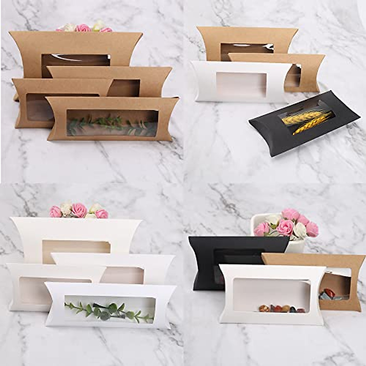 40pcs Kraft Paper Mini Pillow Packaging Box with Clear Window, Box Treat Gift Packaging Box for Bakery Candy Chocolate Jewelry Display Wedding Party Favor (Brown, 5 x 3 x 0.8 inches)