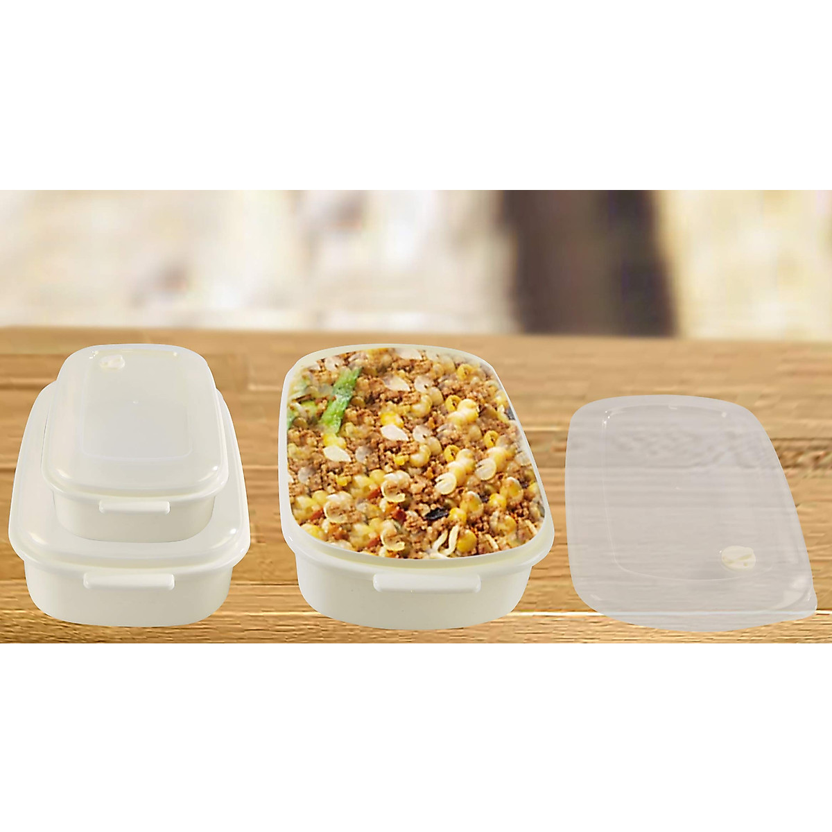 Home-X Rectangle Food Storage Containers, Microwave Cookware, Easy Storage – 21 oz / 27 oz / 81 oz Capacity - Set of 3 – Cream