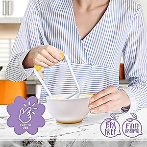 Baby Feeding Gift Set 8PC: Silicone Bib, Masher and Bowl, Spoon and Fork Set, Fruit Feeder with Rattle, Finger Toothbrush and Food Scissors by Bebe N Belle (Yellow)