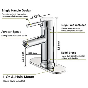 Greenspring Bathroom Sink Faucet Chrome Commercial Single Handle One Hole Deck Mount Brass Lavatory Faucet with Cover Plate, Pop Up Drain with Overflow Included