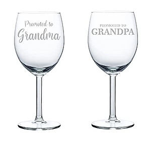 MIP Set of 2 Wine Glass Goblet Gift Promoted To Grandma Promoted to Grandpa Grandparents Baby Announcement Pregnancy Reveal (10 oz)