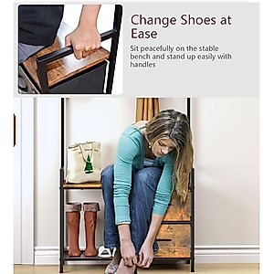 aboxoo Hall Tree with Storage Bench, Coat Rack, 2-Tier Shelves, Fabric Storage Basket, 10 Hooks, Industrial 5 in 1 Large Organizer, Wood Look Accent Furniture-Sturdy Metal Frame (Rustic Brown)