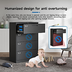 BYNSOE 4 Drawer Filing Cabinet with Lock Metal Lateral File Cabinet Office Home Steel Lateral File Cabinet for A4 Legal/Letter Size Wide Metal Cabinet Locked,Assembly Required (4 Drawer, Black)