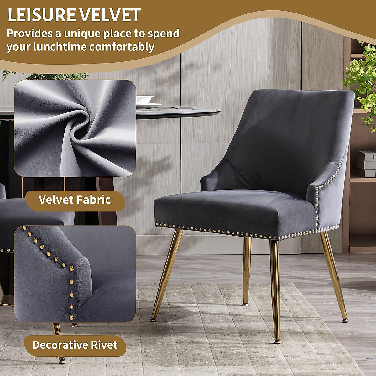 KCC Velvet Dining Room Chairs Set of 6 Nailhead Back Ring Pull Trim with Gold Legs for Kitchen Living room(Grey)