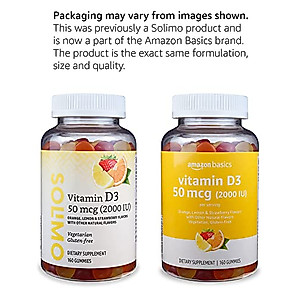 Amazon Brand - Solimo Vitamin D3 2000 IU, 160 Gummies (2 per Serving), Orange, Lemon & Strawberry
