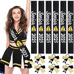 Vinsatin 6 Set Senior 2025 Sash Senior Cheer Sash with Glitter Cheer Hair Bows Senior Cheer Night Gifts for Sports Team(Black)