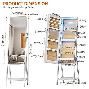 LVSOMT LED Jewelry Mirror Cabinet Armoire, Free Standing Full-Length Mirror with Jewelry Storage, Lockable Jewelry Storage Organizer, w/ 2 Drawers, Bottom Shelf, Built-in Lighted Makeup Mirror, White