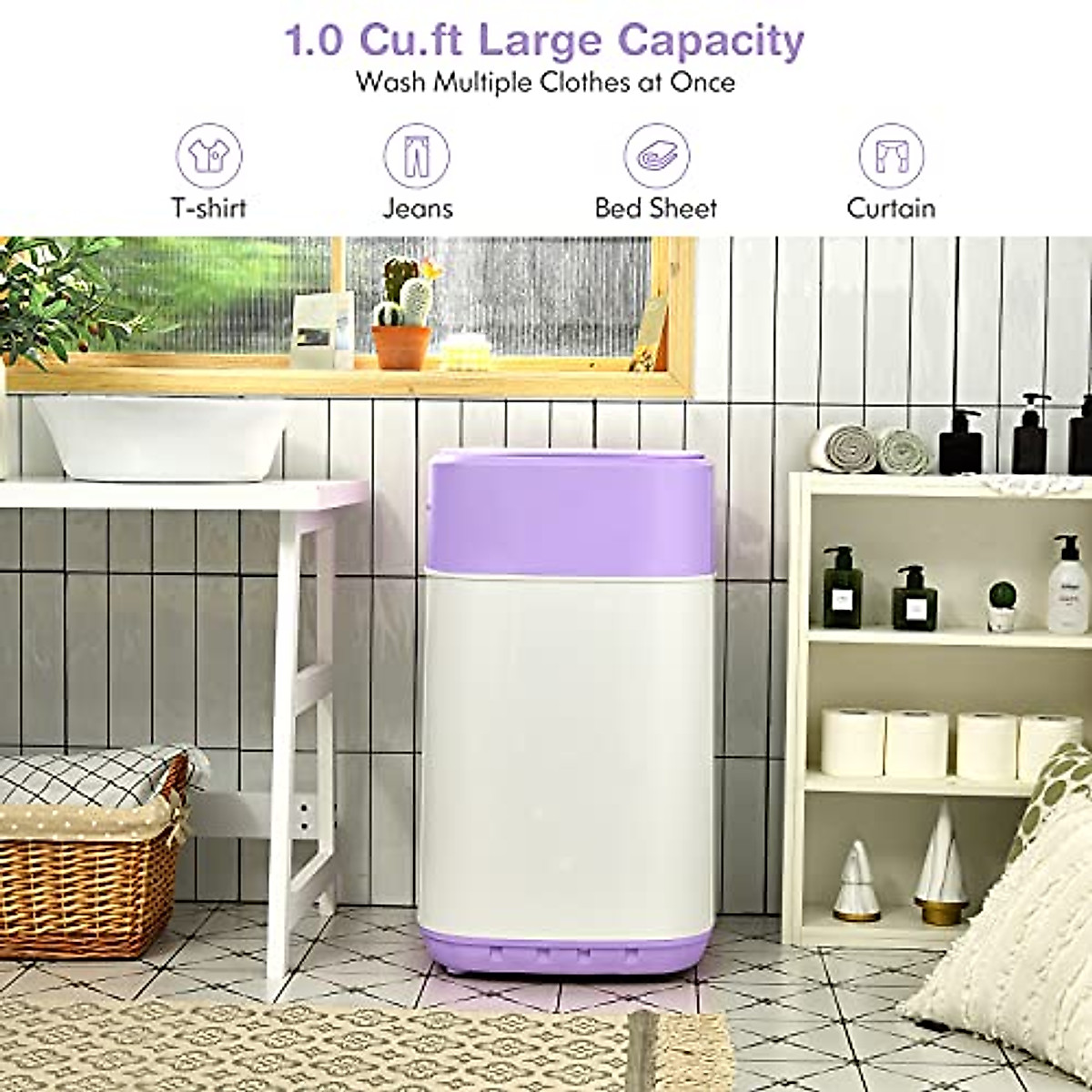 COSTWAY Portable Washing Machine, Built-in Drain Pump, 8Lbs Capacity, Full-Automatic washer with 6 Programs, 6 Water Levels, Child Lock, Compact Washer and spinner Combo for RV, Dorm, Apartment (Purple)