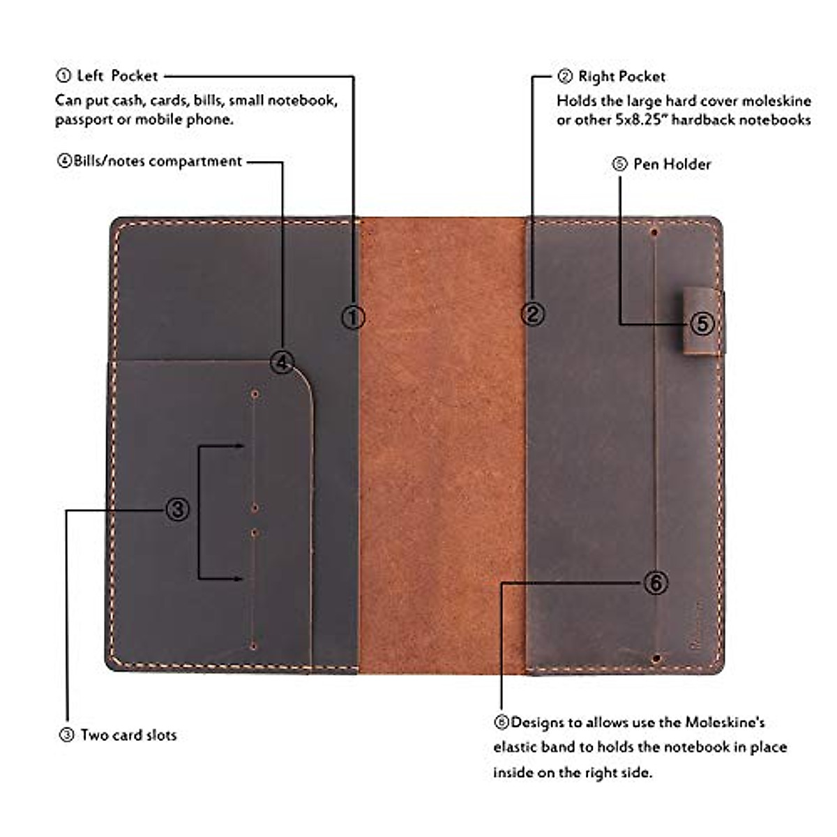 Leather Journal Cover Fits for Moleskine Large Hard Cover Notebook, Handmade Vintage Leather Cover for 5"x8.25" Hardcover Notebooks - Coffee